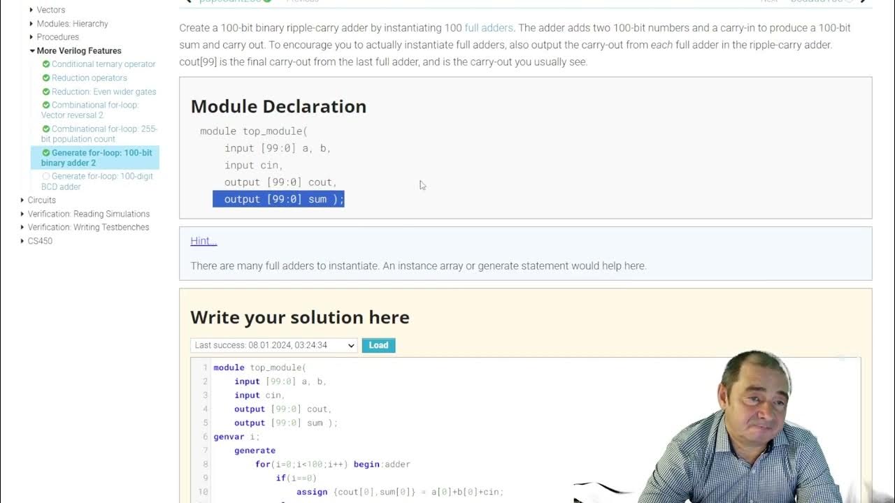 Verilog курс с HDLBits! Написал 100 bit двоичный полный сумматор use generate! 2024 01 08 - YouTube