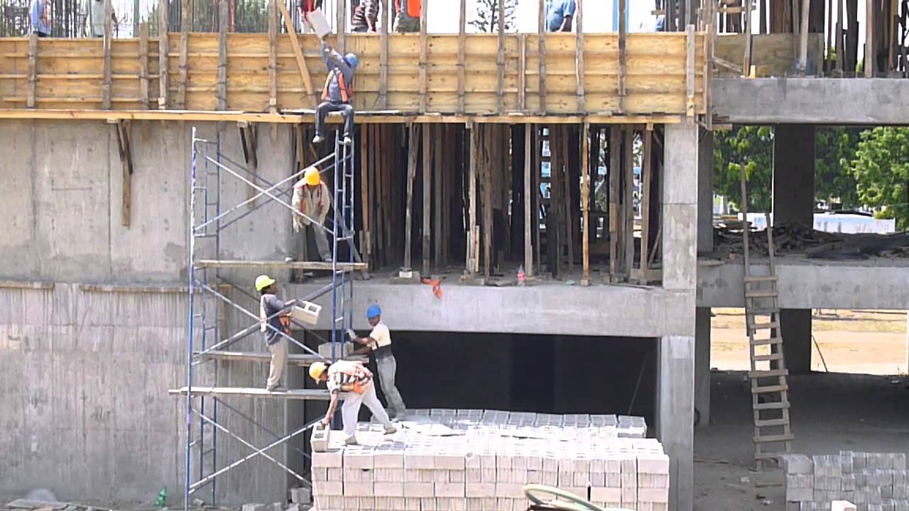 Albañiles, maestros de la construcción, sin moverse, suben ladrillos ...