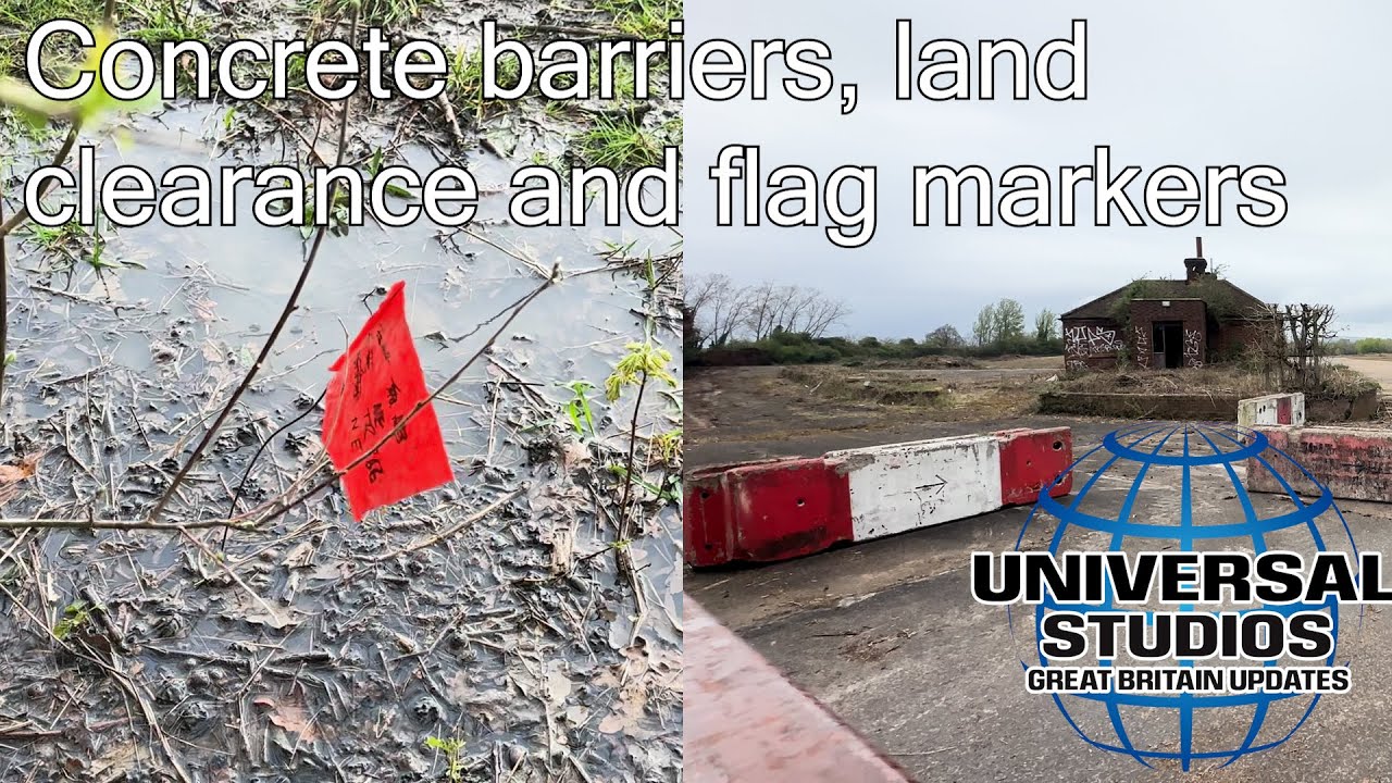 Concrete barriers, land clearance and flag markers at Universal Studios ...