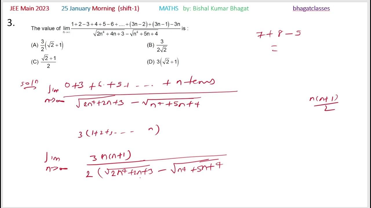lim n tends to infinity 1+2-3+4+5-6+.........+(3n-2)+(3n-1)-3n/ sqrt 2n^4+4n+3 -sqrt n^4+5n+4 ...