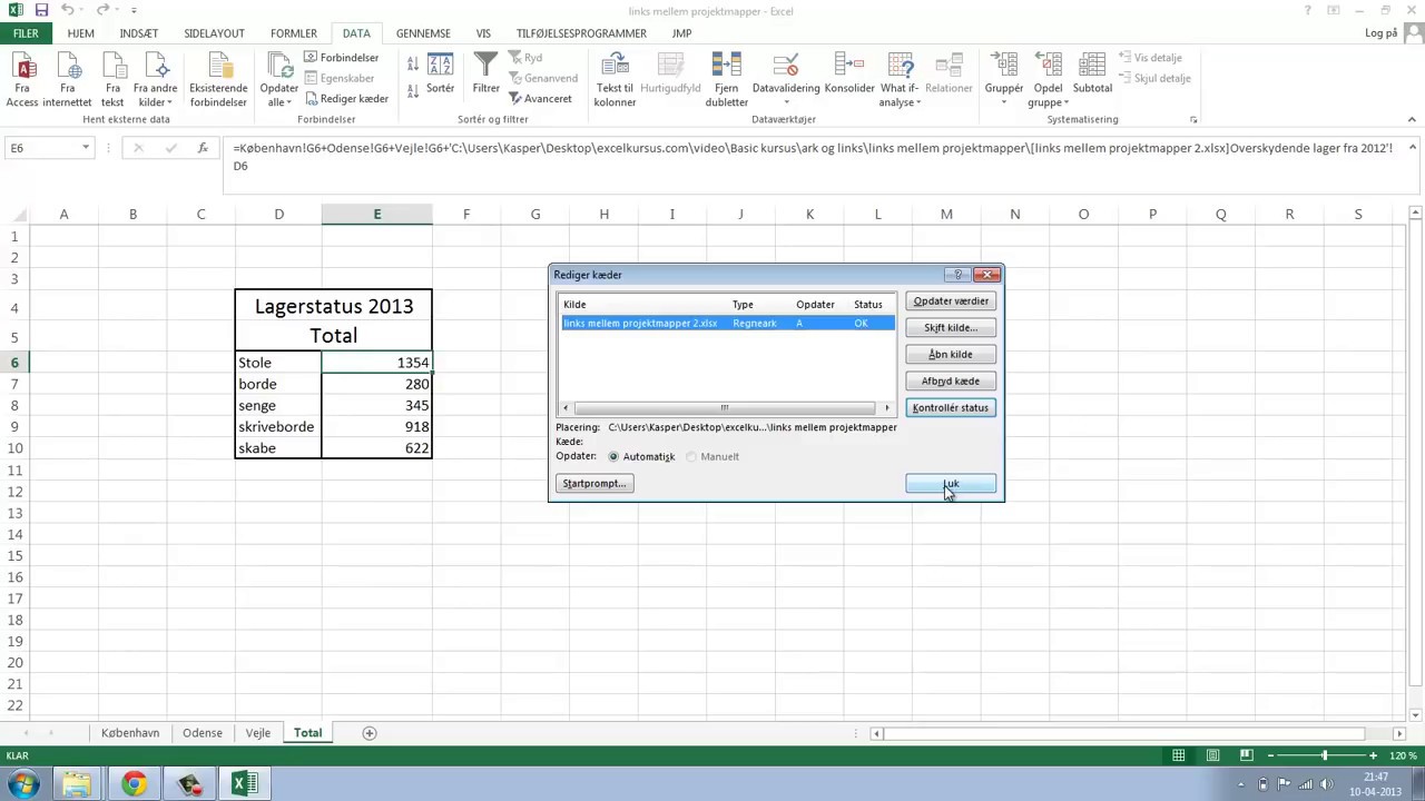 Opdater og rediger links mellem projektmapper i Excel - YouTube