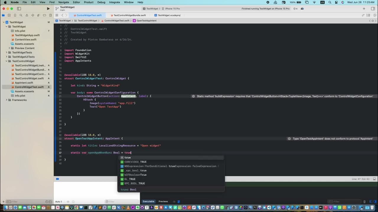 Creating a simple control widget that opens your app using AppIntents (Xcode 16 beta, iOS 18 ...