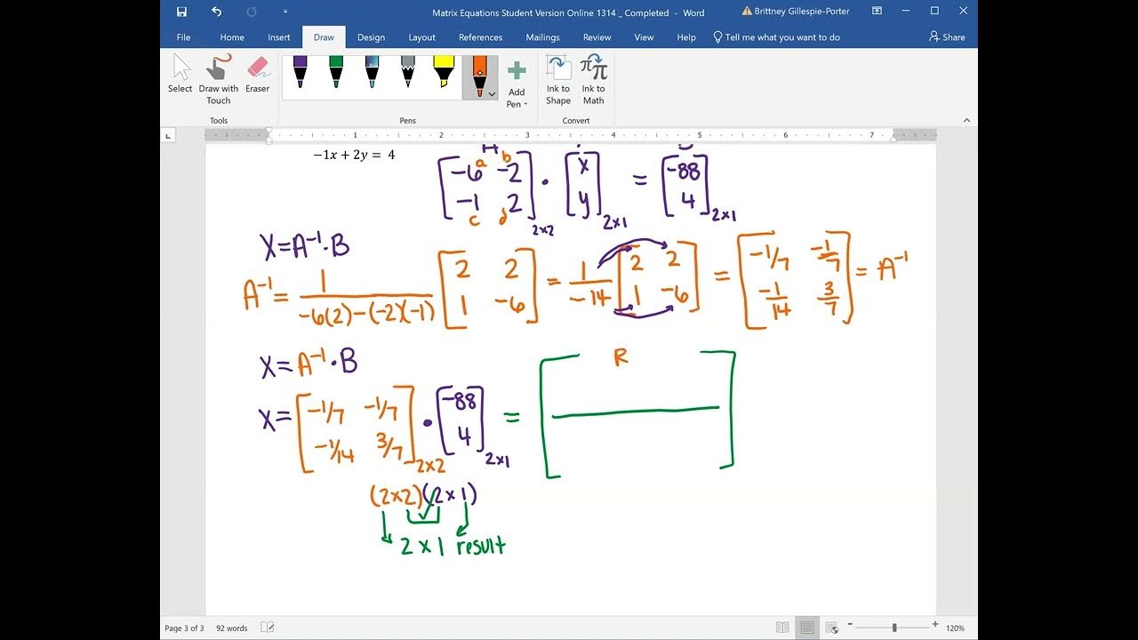 Solving Systems of Linear Equations Using Matrix Equations (Example 2 ...
