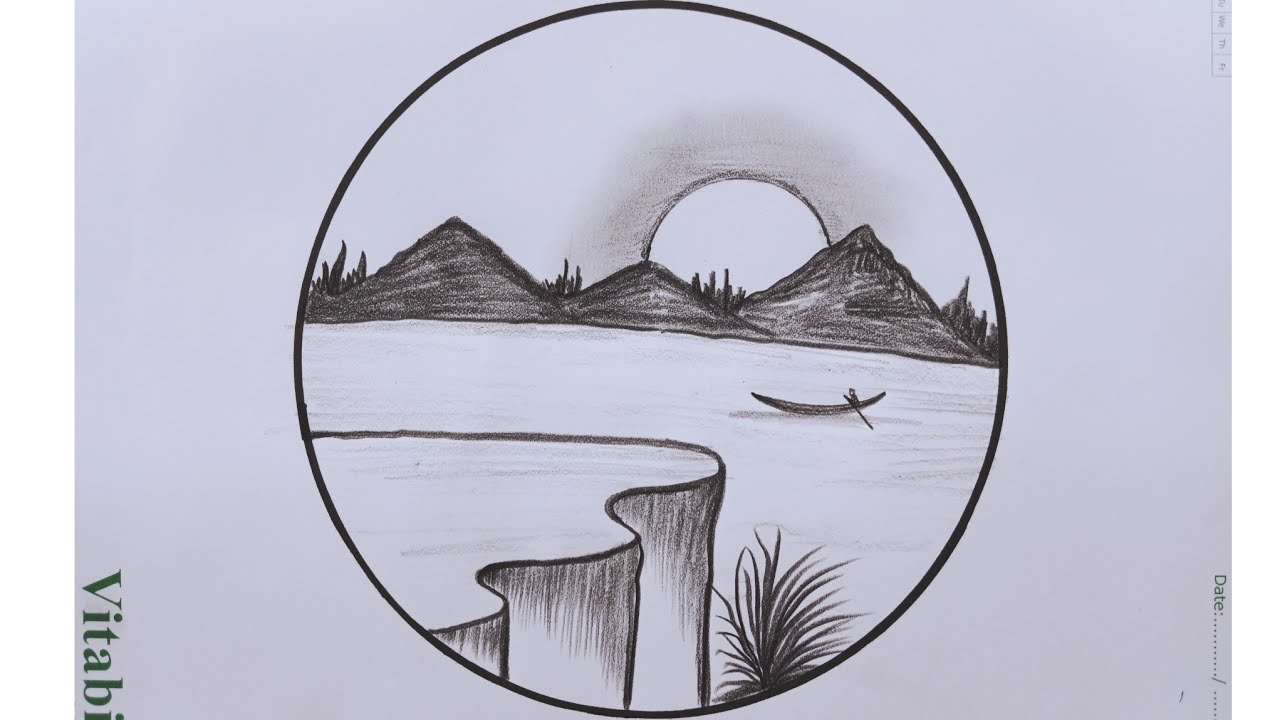 Circle Scenery Drawing || Landscape scenery Drawing for beginners - YouTube