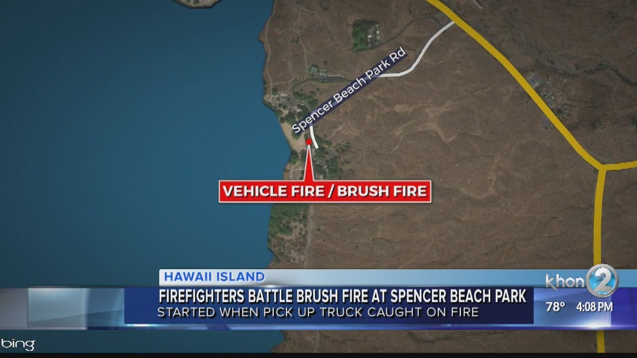 Pick up truck fire ignites brush fire near Spencer Beach Park - YouTube