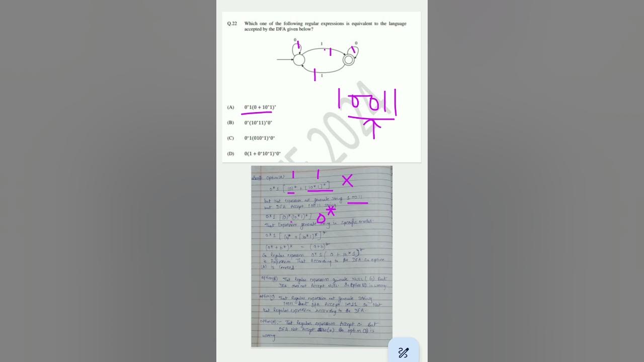 Q.22 Which one of the following regular expressions is equivalent to the language accepted by ...