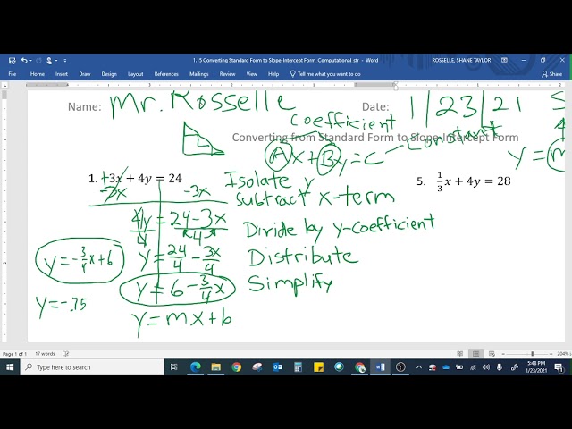 Converting Standard Form To Slope Intercept Form Worksheet G8m4l16
