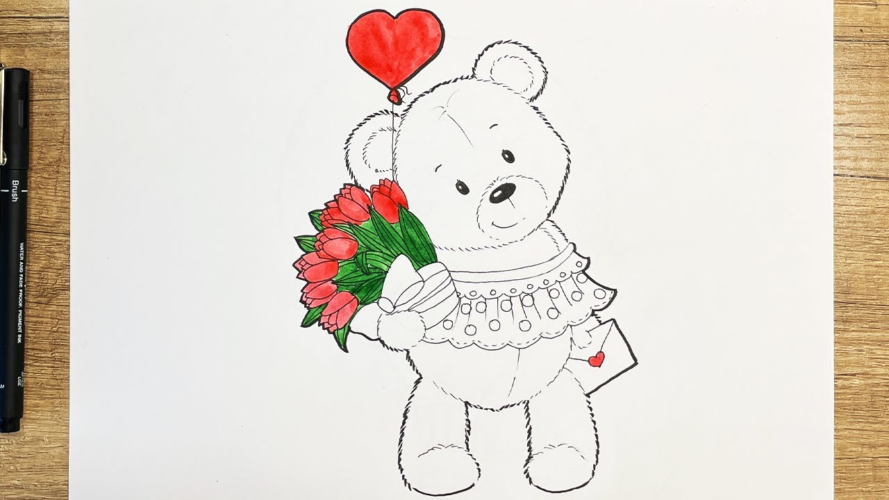 How to draw Cute Teddy Bear with Flowers and Balloon Easy for beginners | Step by Step Tutorial ...