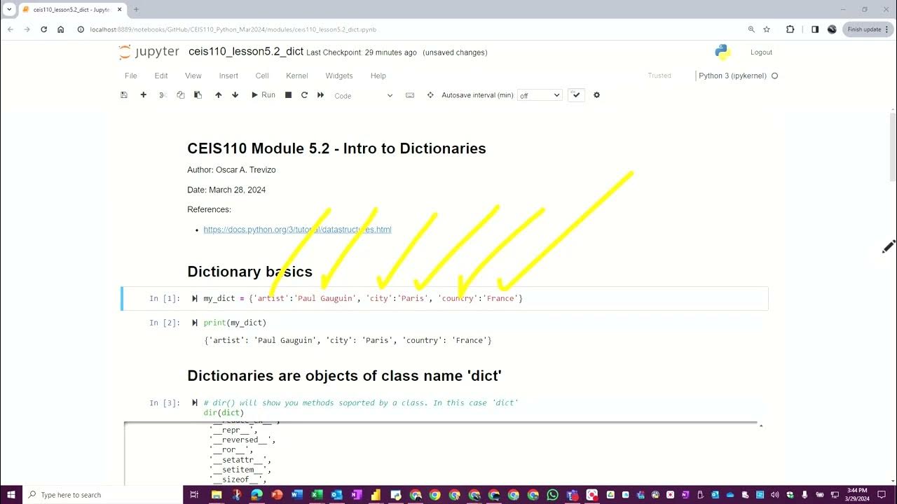 CEIS110 Python dictionaries - Objects of class 'dict' - YouTube