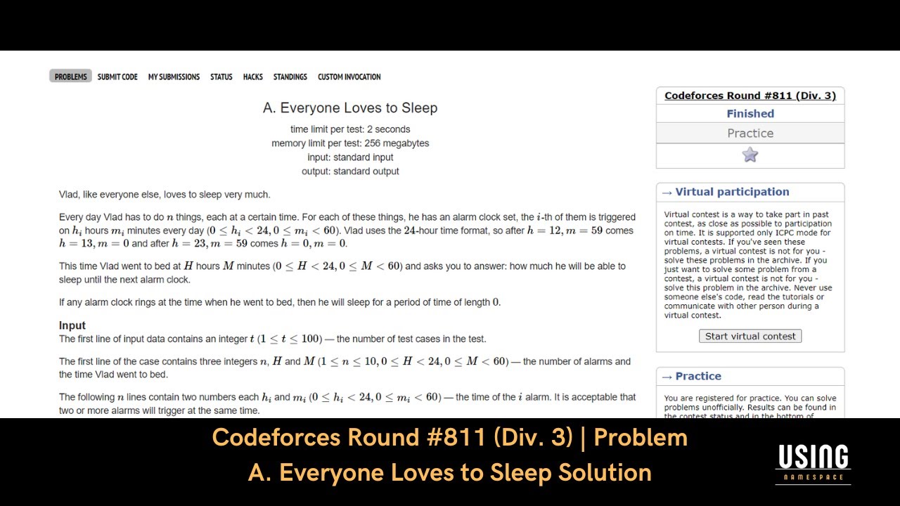 Codeforces Round 811 Div 3 Problem A Everyone Loves To Sleep Solution Youtube 8906