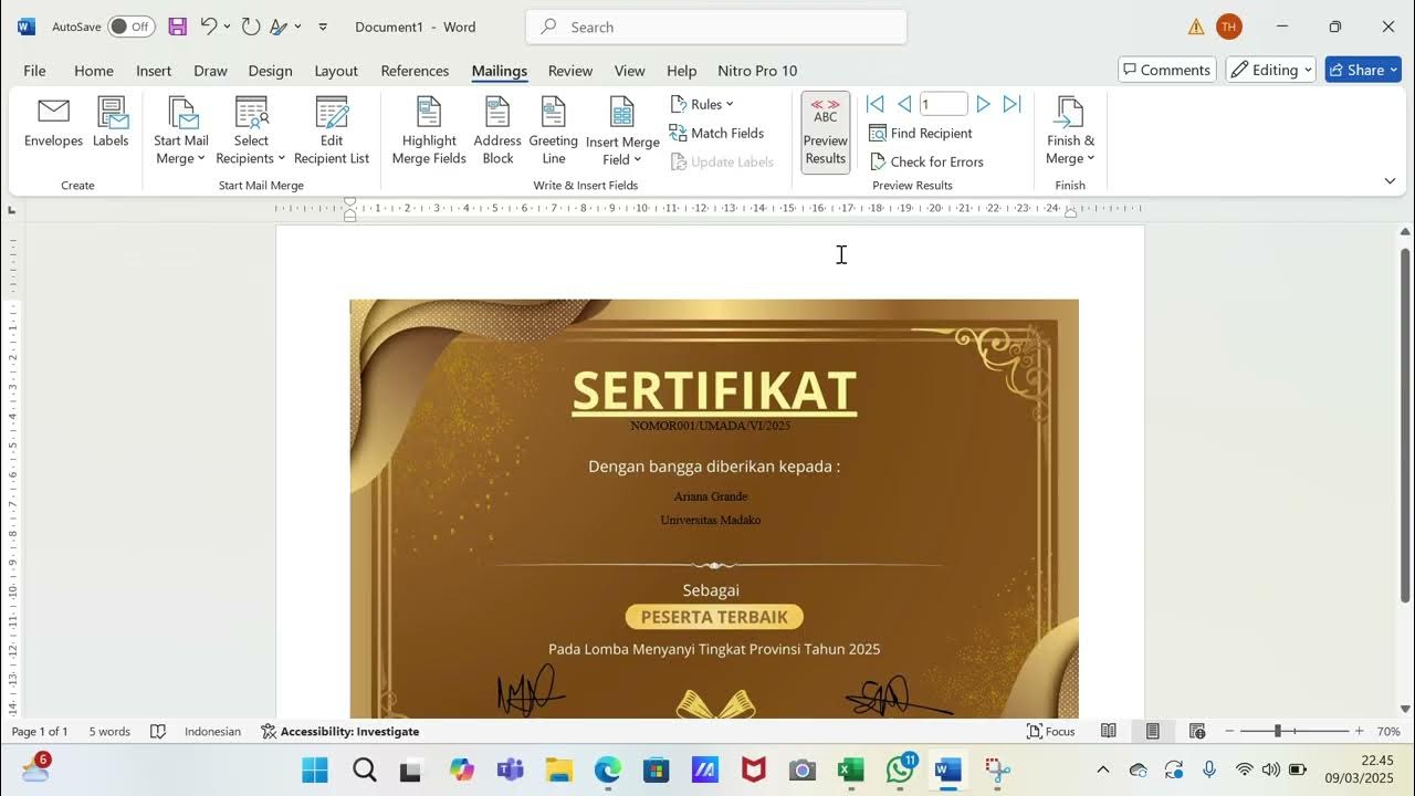 TUTORIAL MEMBUAT SERTIFIKAT DENGAN MENU MAIL MERGE - YouTube