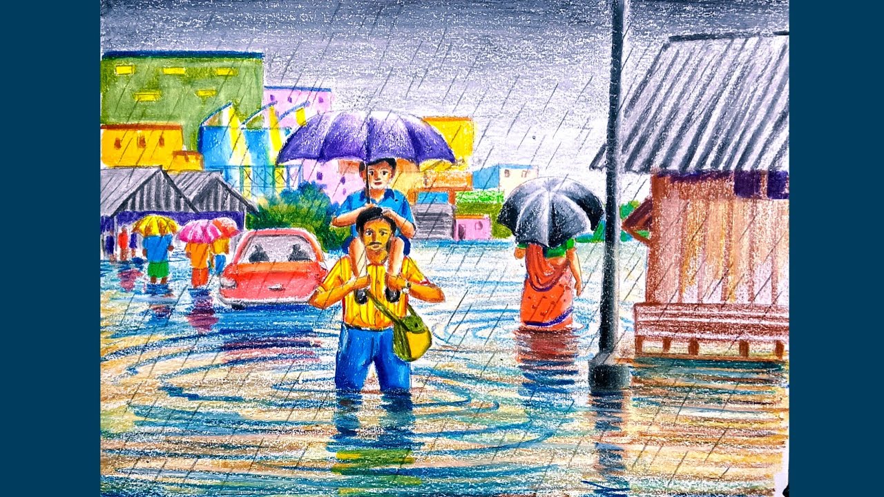 City rainy season scenery drawing step by step/Rainy day drawing/Rainy ...