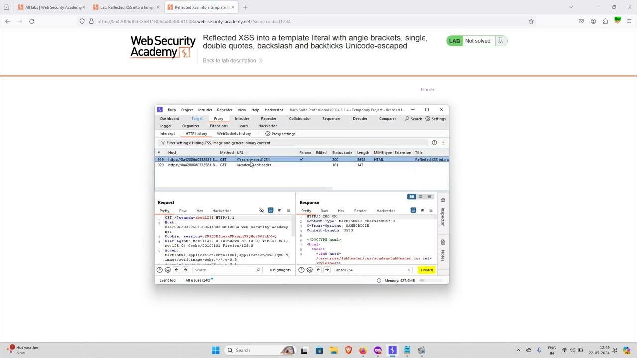 Reflected XSS into a template literal with angle brackets, single ...