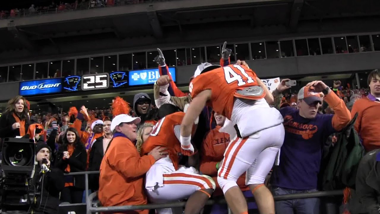 Clemson players climb into stands to celebrate ACC Championship - YouTube