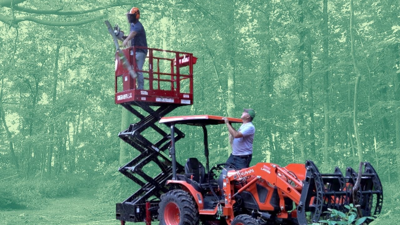 Compact Man Lift on Compact Tractor! Cut Tree Branches Safely! - YouTube