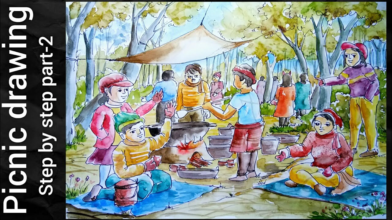 Picnic scenery drawing,watercolor painting,simple picnic drawing step ...