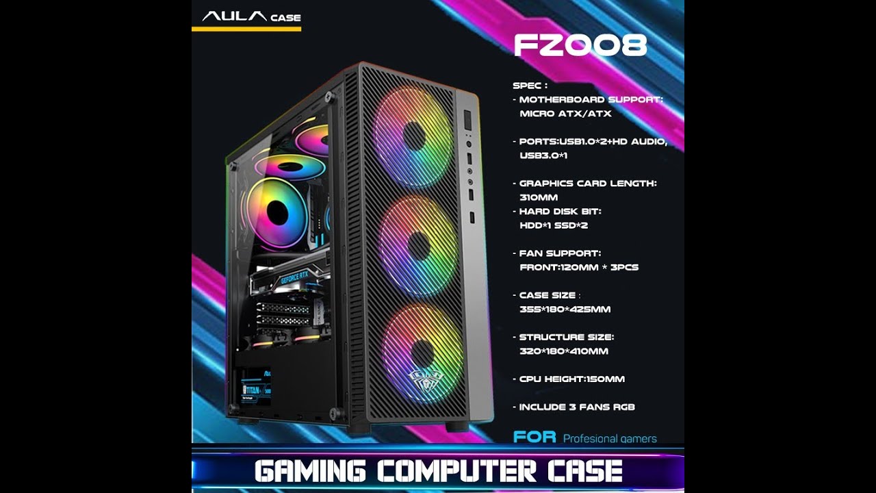 Casing PC Gaming / Komputer Gaming AULA FZ008 include 3 fans RGB - YouTube