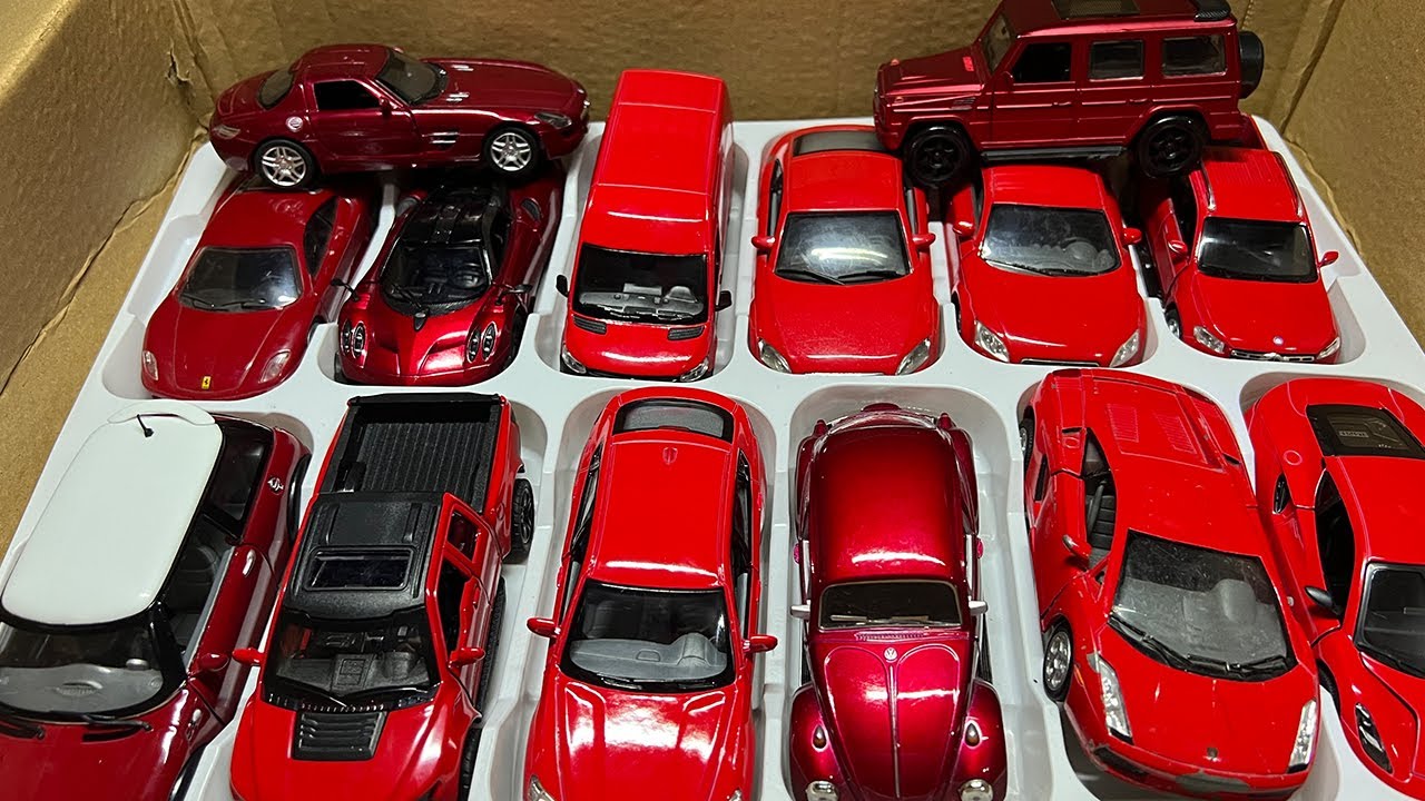 Box Full of Model Red Cars /Mercedes Transporter, Ferrari F40, Mini ...