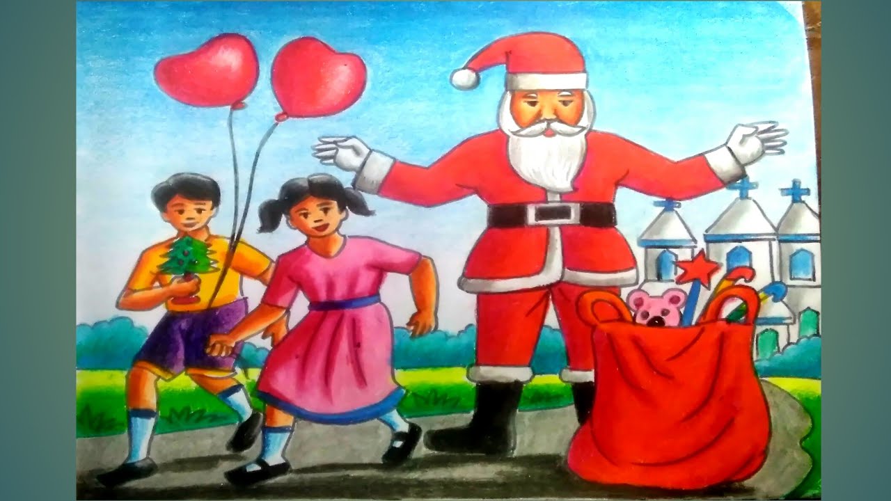 How to draw christmas festival scenery with oil pastels||santa claus ...