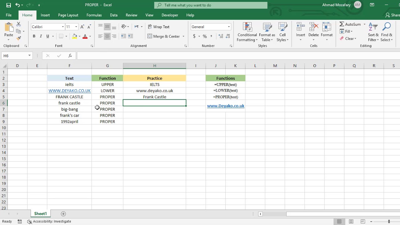 Upper Lower Proper Functions In Excel Youtube