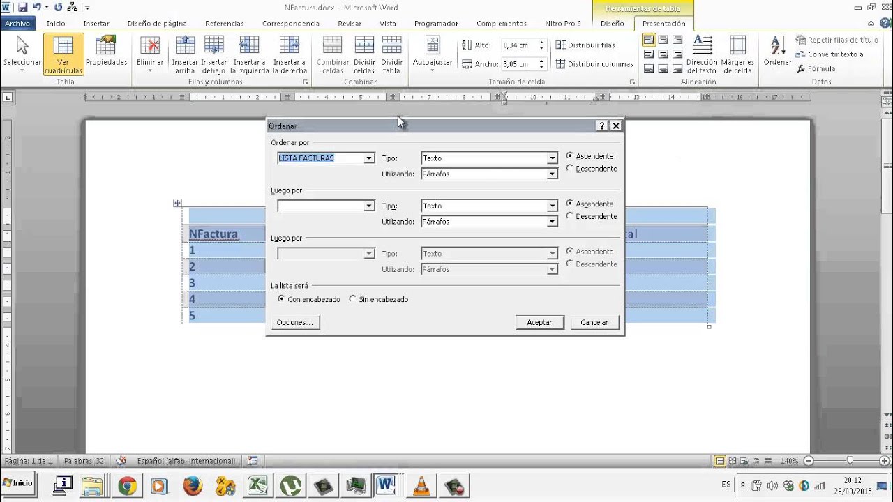 Tablas avanzadas Ordenar y sumar Editor de texto Word OACE FPB 2 - YouTube