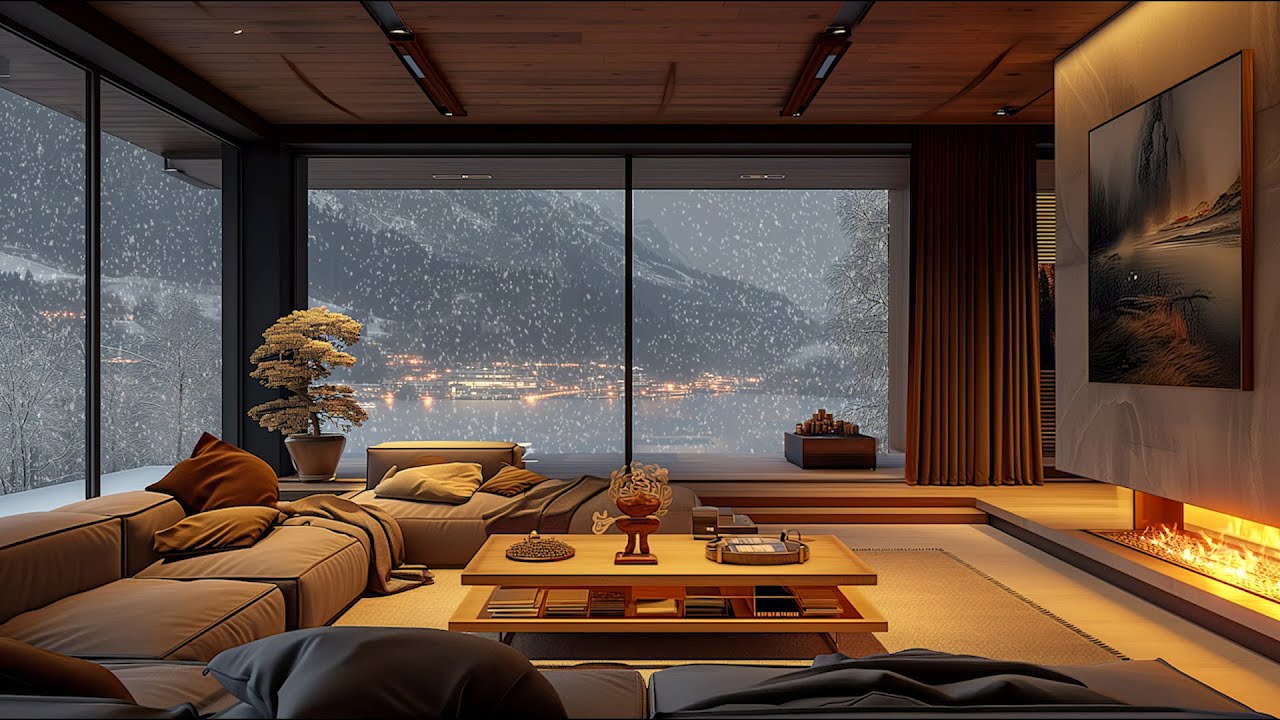A Winter Room Atmosphere With Snowy Scene and Fireplace Crackling ...