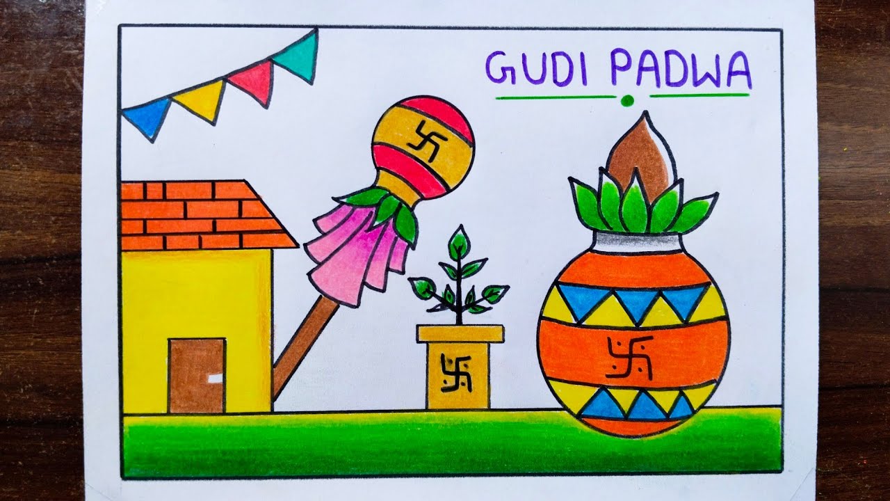 Gudi Padwa Drawing / Gudi Padwa Festival Drawing / How to Draw Gudi ...