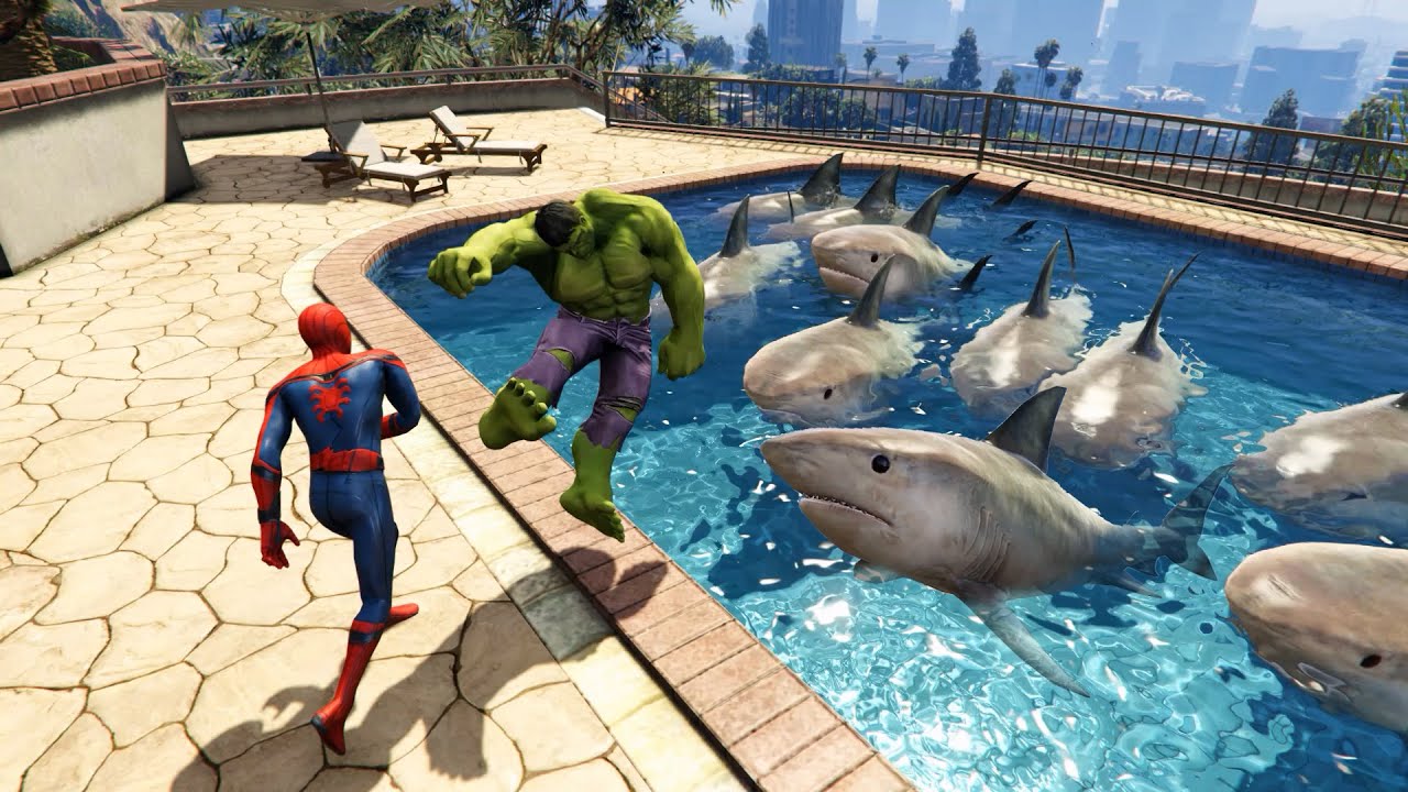SPIDERMAN throw HULK into shark pool green hulk (Spiderman vs Hulk ...
