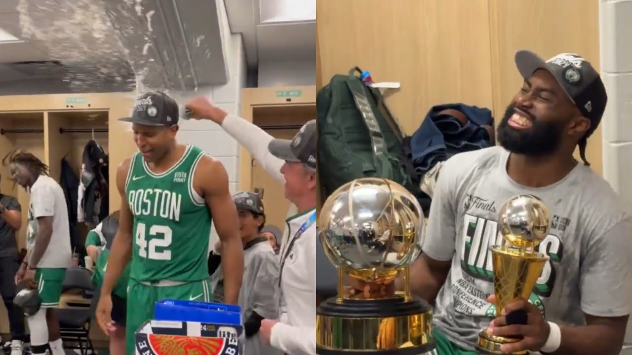 Celtics locker room celebrate advancing to NBA Finals after sweeping ...