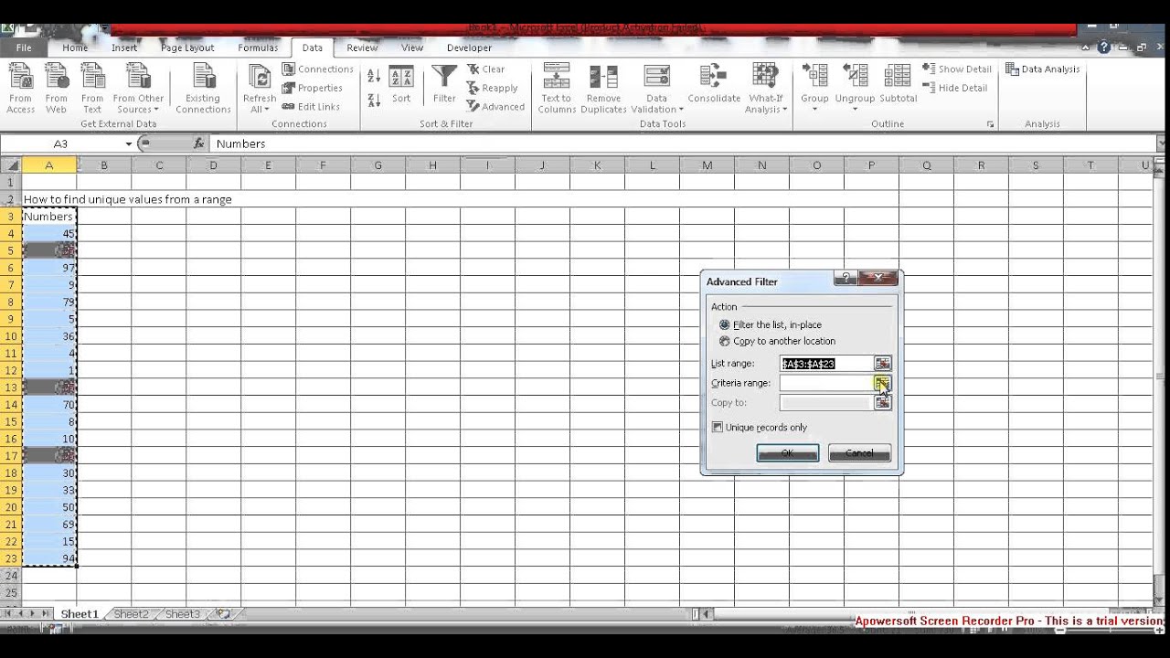 Unique Values From A Range In Excel YouTube Unique Values From A Range In Excel YouTube
