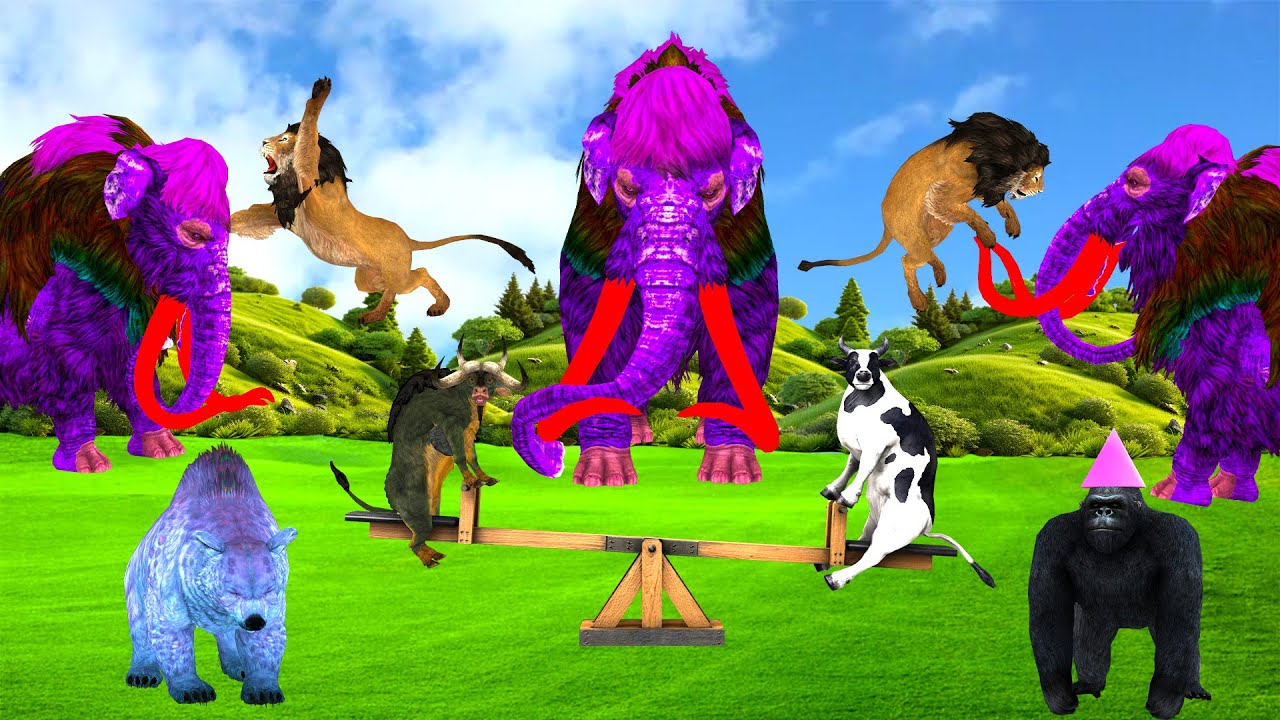 wild animals take over seesaw ride! mammoth vs cow vs gorilla vs bull ...