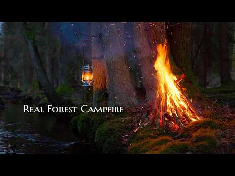 4K📺Gerçek Orman Kamp Ateşi 🌲Su, Ateş ve Kuş Cıvıltılarının Yatıştırıcı Sesleri