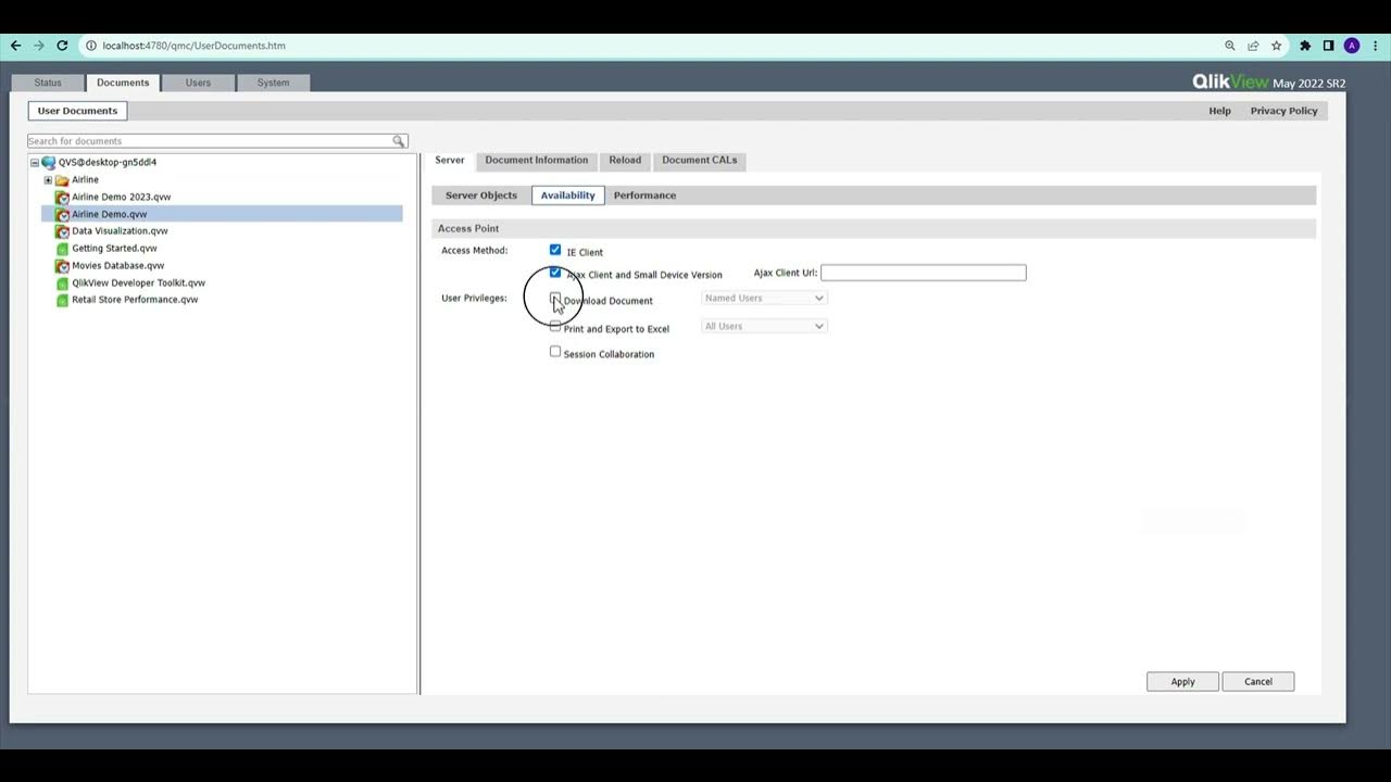 Qlikview Server (QMC) Allow Excel export/Print and Download document from access point - YouTube