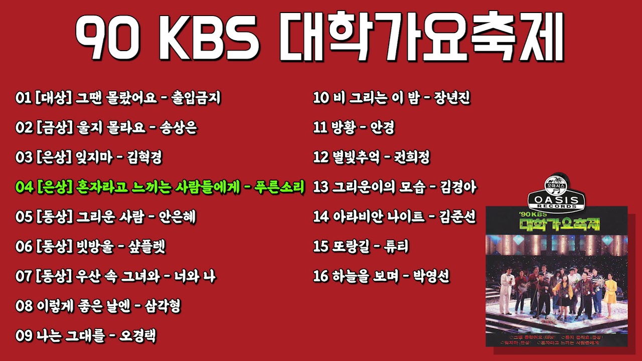 [오아시스레코드] '90 KBS 대학가요축제 16곡 | 출입금지 송상은 김혁경 푸른소리 안은혜 샾플렛 너와 나 등 - YouTube