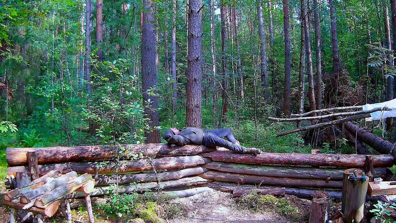 Build Bushcraft Super Shelter " wooden fort " in forest. No talking ...