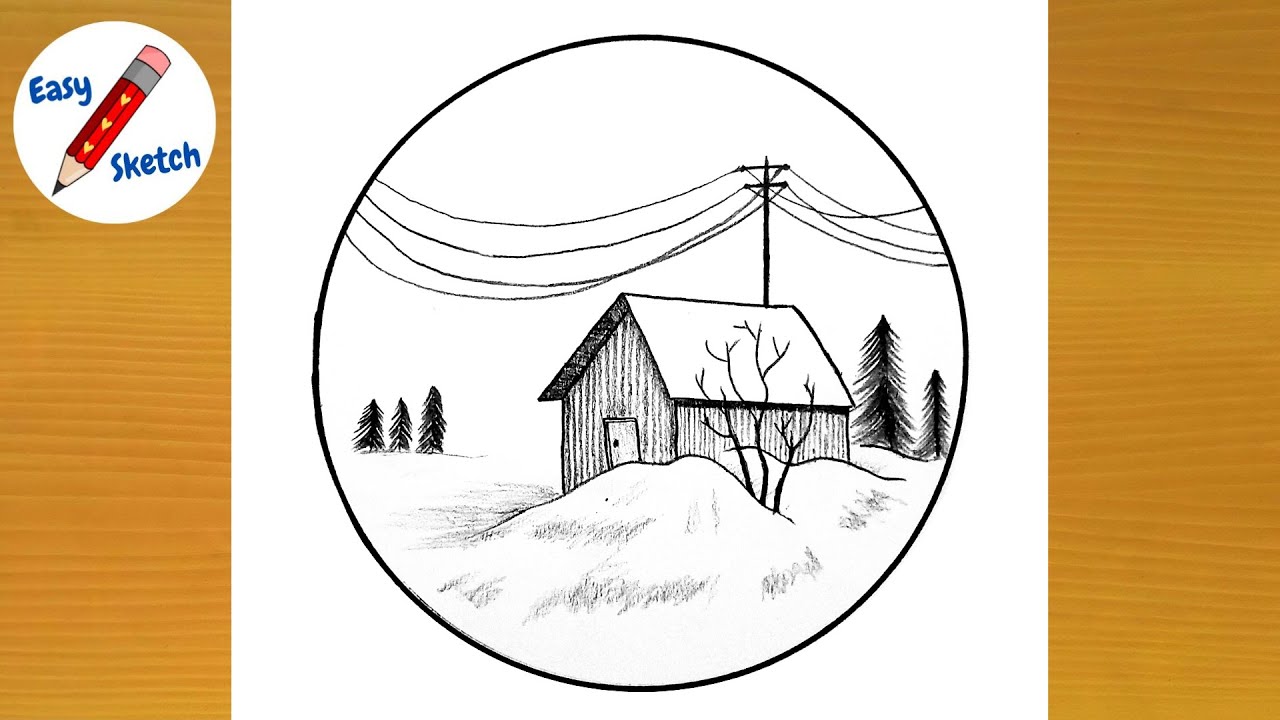 How To Draw Snowy Winter Cabin With Trees - YouTube