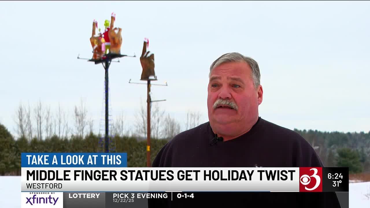 Vt. property owner adds holiday twist to middle finger statue display ...