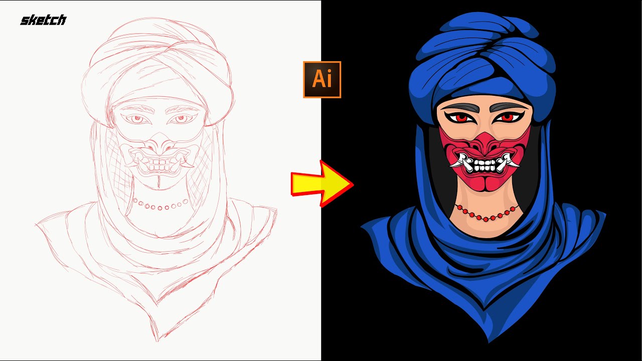 Oni Mask Illustration Process // Drawing step by step in adobe ...