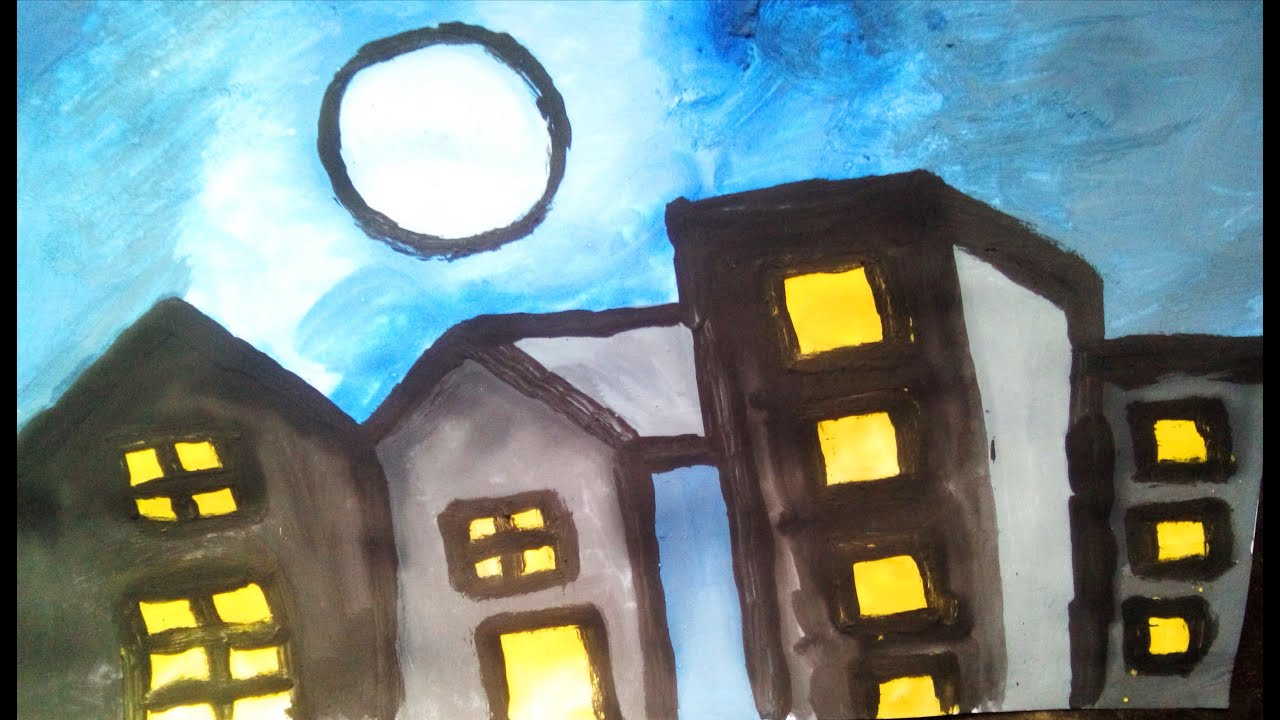 buildings at moon light natural scenery drawing/painting very easy ...