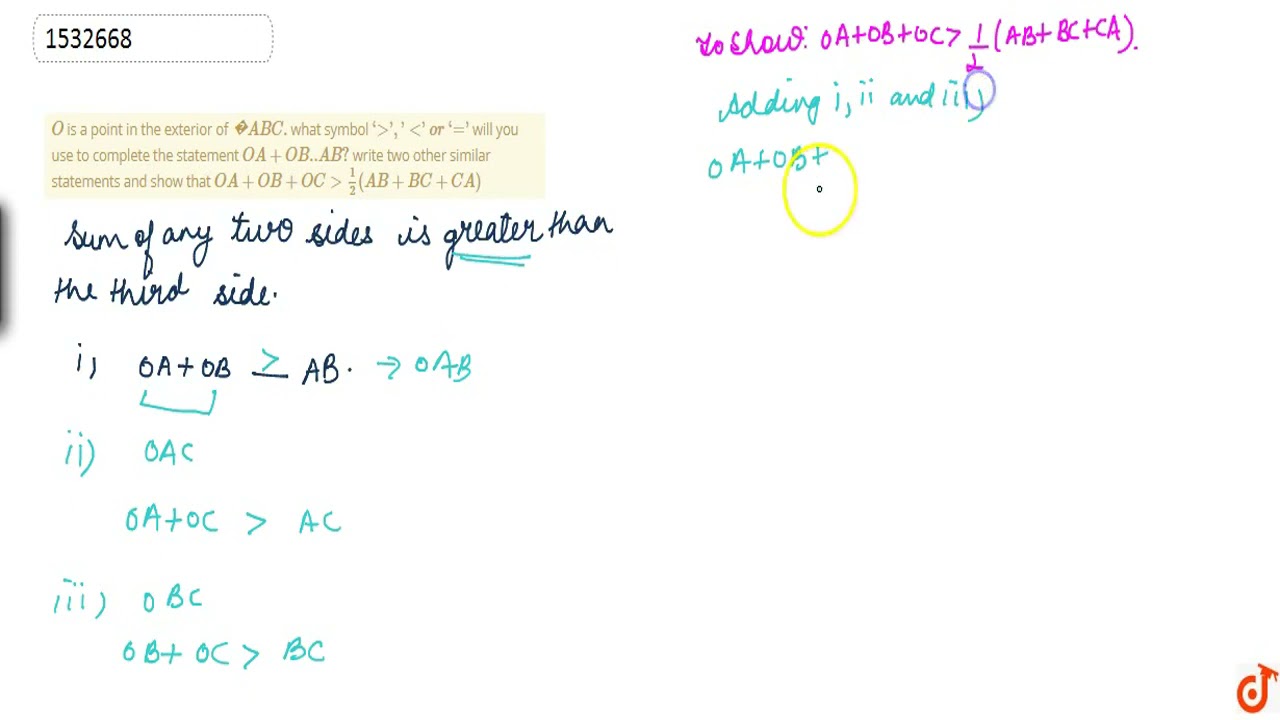 O is a point in the exterior of A B Cdot what symbol gt, lt\ or\ = will ...