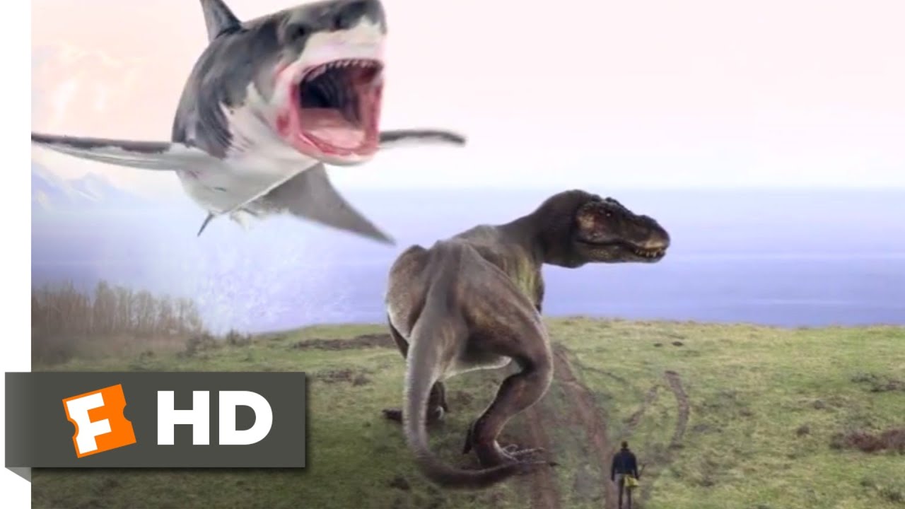 The Last Sharknado: It's About Time (2018) - T-Rex vs. Megalodon Scene ...