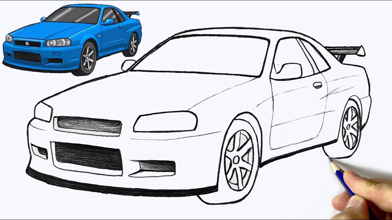 Nissan Skyline GT-R R34 Drawing Tutorial | How to Draw GTR R34 Step by ...