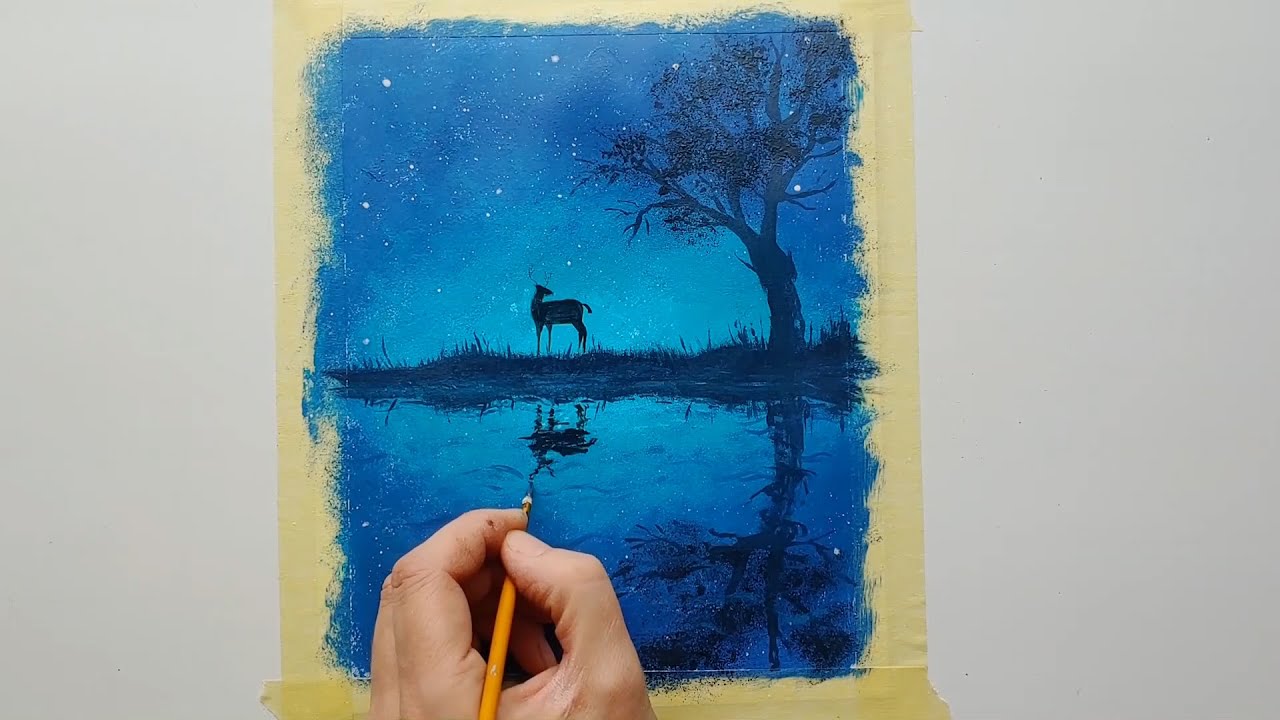 Night landscape / simple drawing technique for beginners / Easy Drawing ...