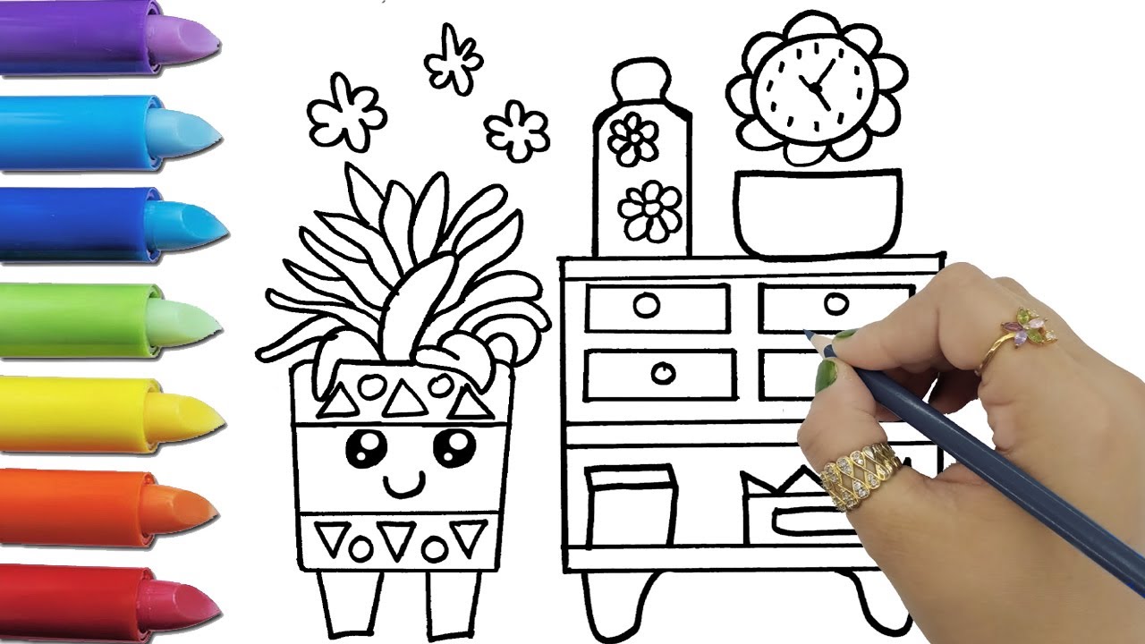 How To Draw Cute Plant And Drawer | Coloring Drawing | Easy Drawing ...
