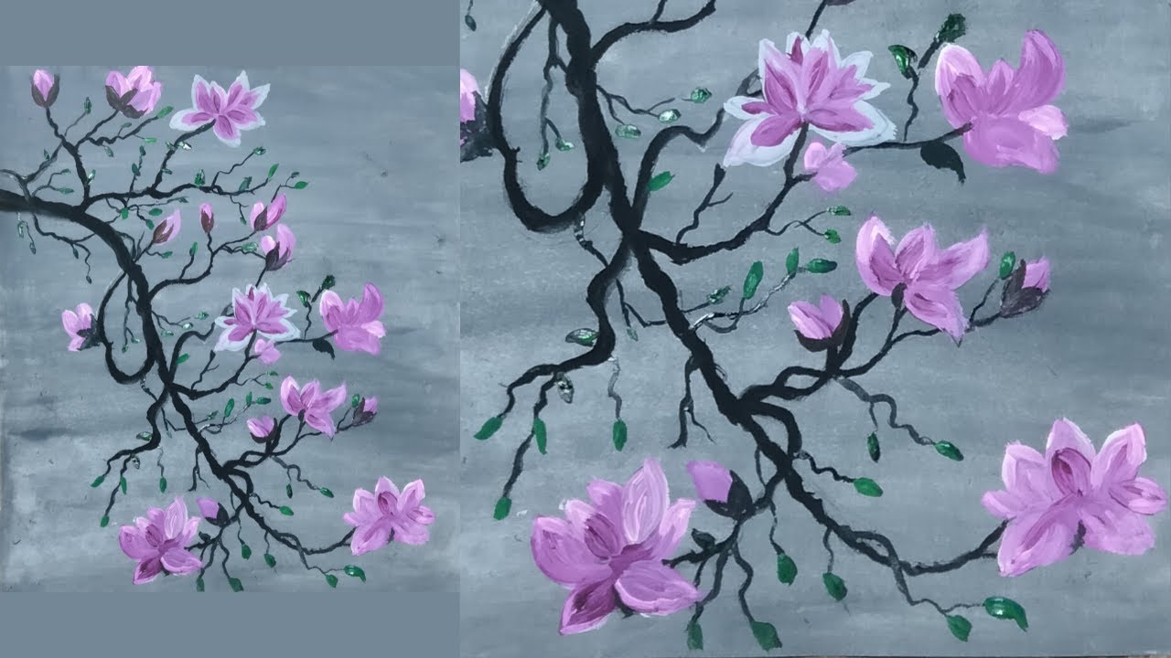 Magnolia Painting Step By Step For Beginner||Tree And Flowers Acrylic ...