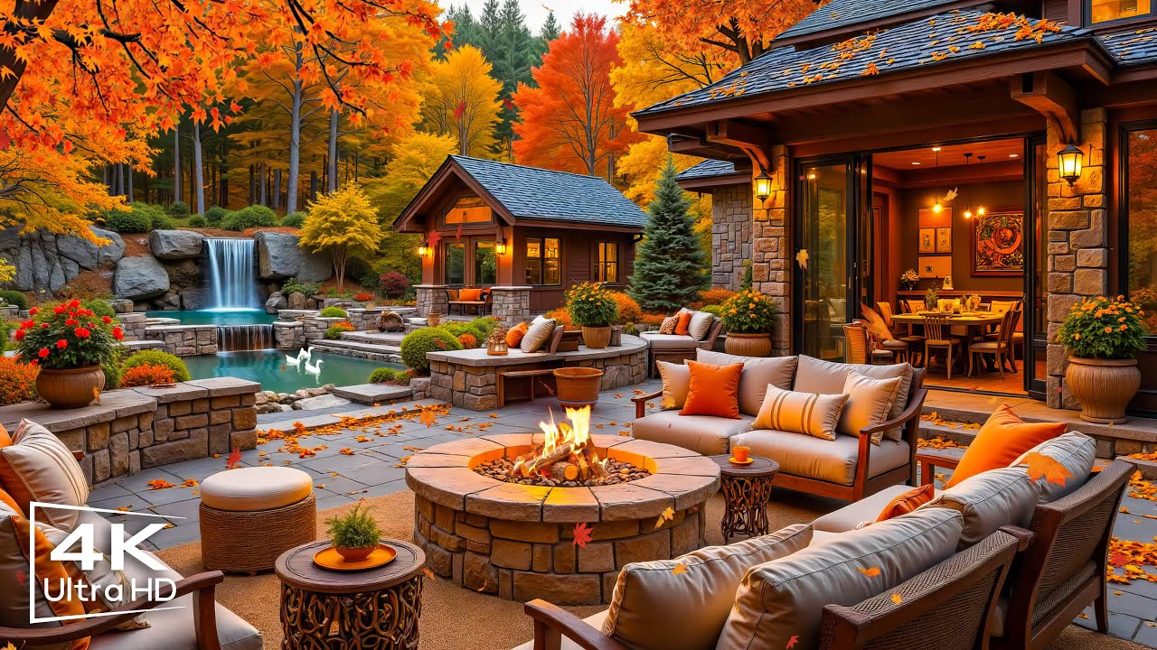 Warm Autumn October 🍂 Gentle Piano Music, Fireplace Crackle, Falling ...