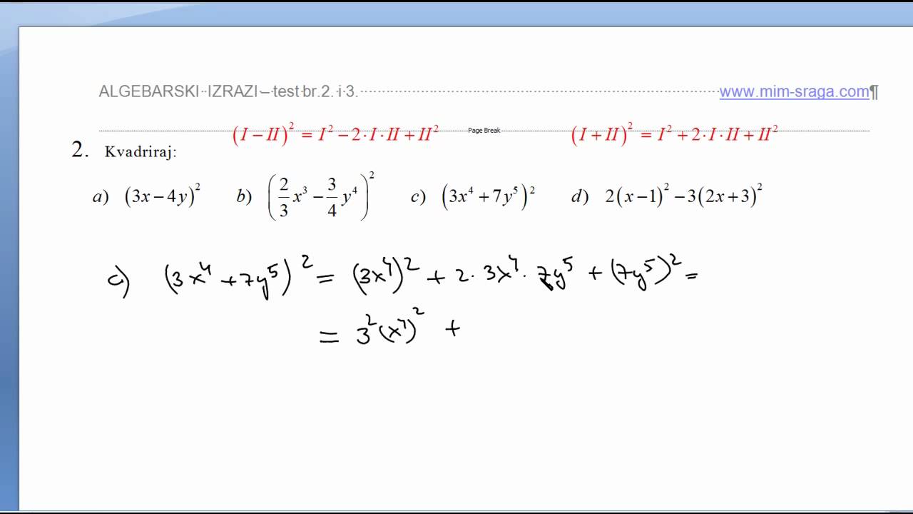 Algebarski izrazi - zadaci sa testa - kvadrat zbroja i kvadrat razlike ...