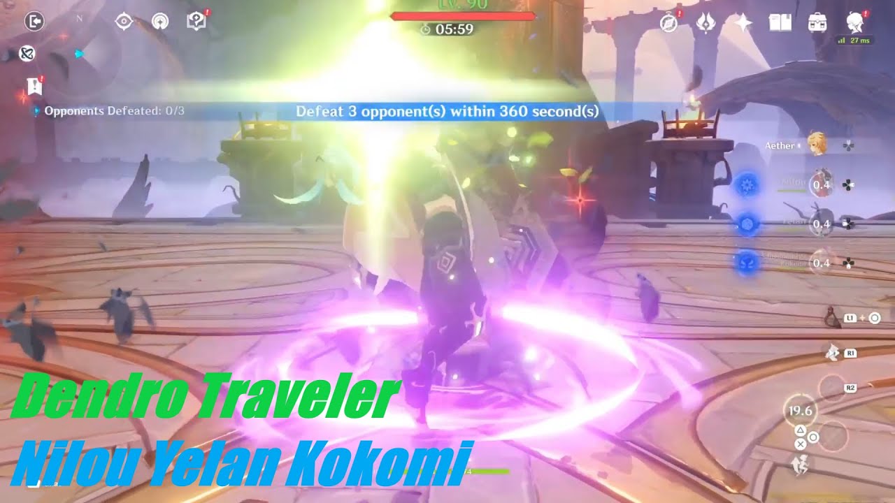 Dendro Traveler and Triple Hydro Bloom Team (Nilou, Yelan, Kokomi ...