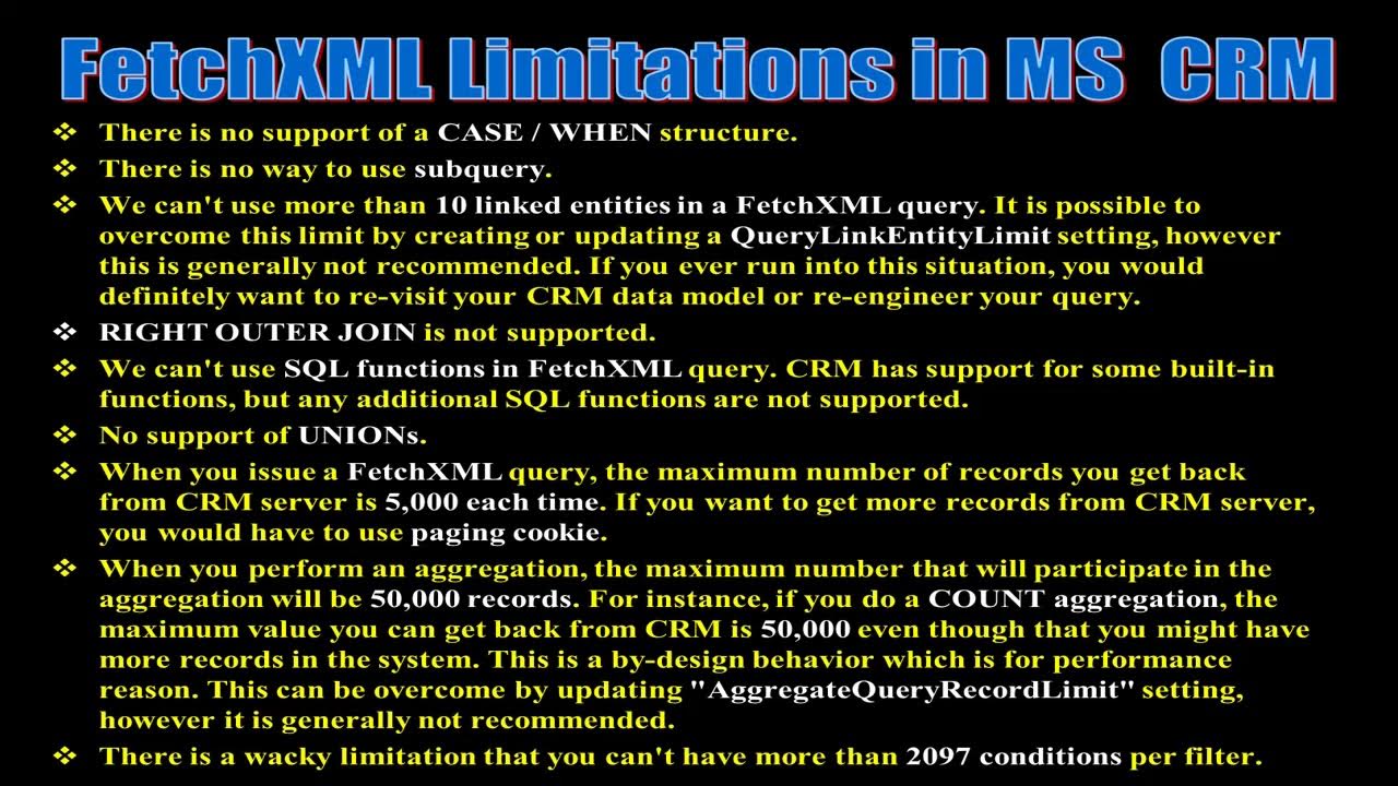 FetchXML Limitations in MS Dynamics 365 CRM. - YouTube