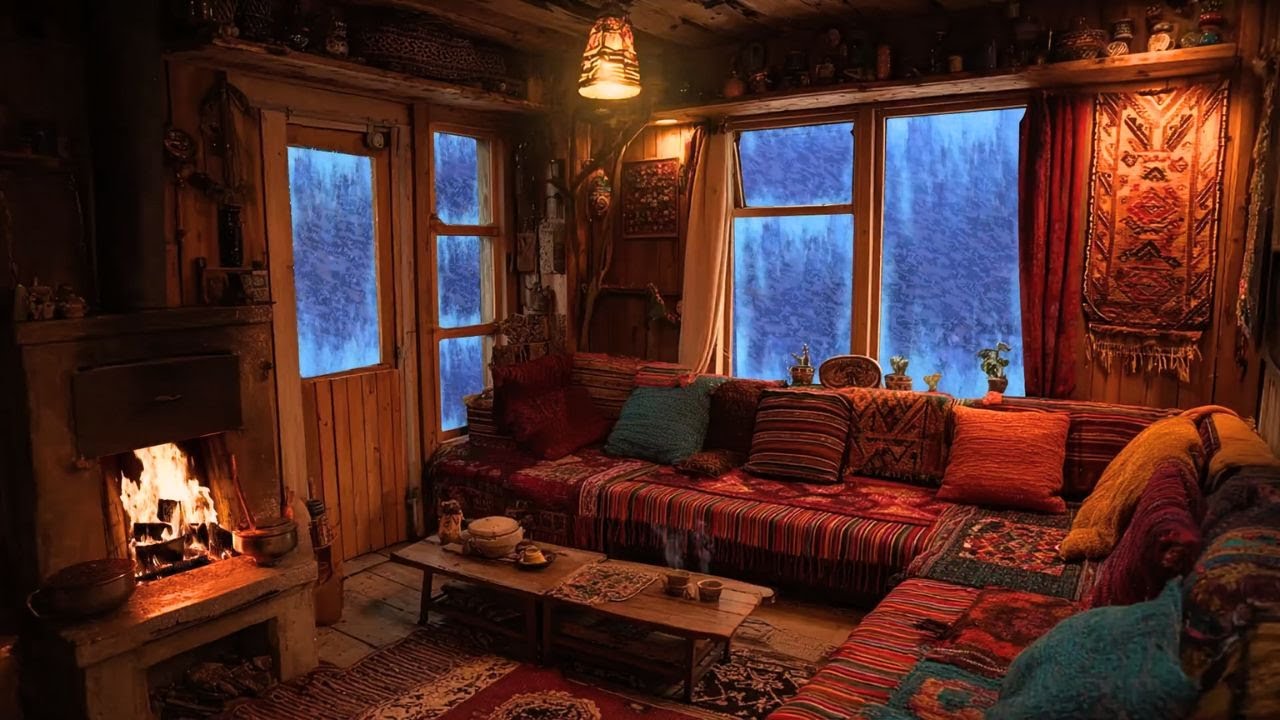 Shelter in a Fierce Blizzard Night | Crackling Fire & Blizzard Relax ...